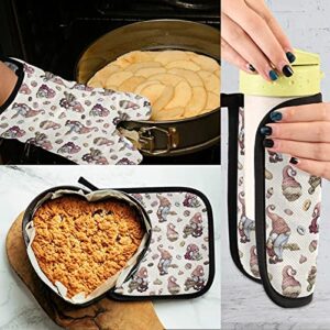 Cute Baking Gnome Oven Mitts Pot Holder Set Nordic Gnomes Cake Kitchen Decor Cooking Stove Gloves Heat Resistant Hot Pads Recycled for BBQ Baking Grilling