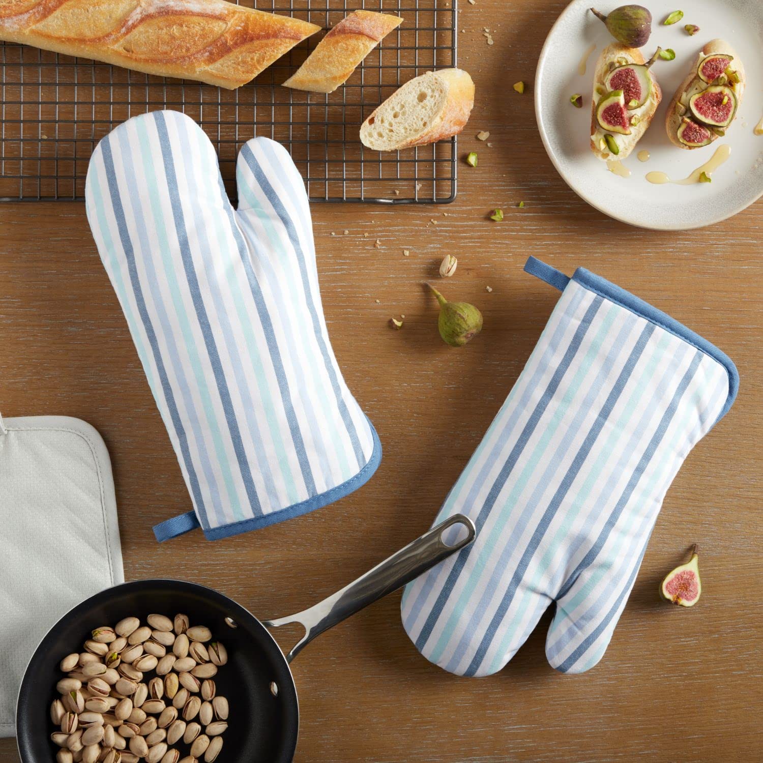 Martha Stewart Daisy Stripe Oven Mitt Set, 7"x13", Blue