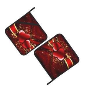 Gorgeous Red Hearts Washable Set of 2 Pot Holders Decorative Kitchen Gift for Cooking Microwave BBQ Baking