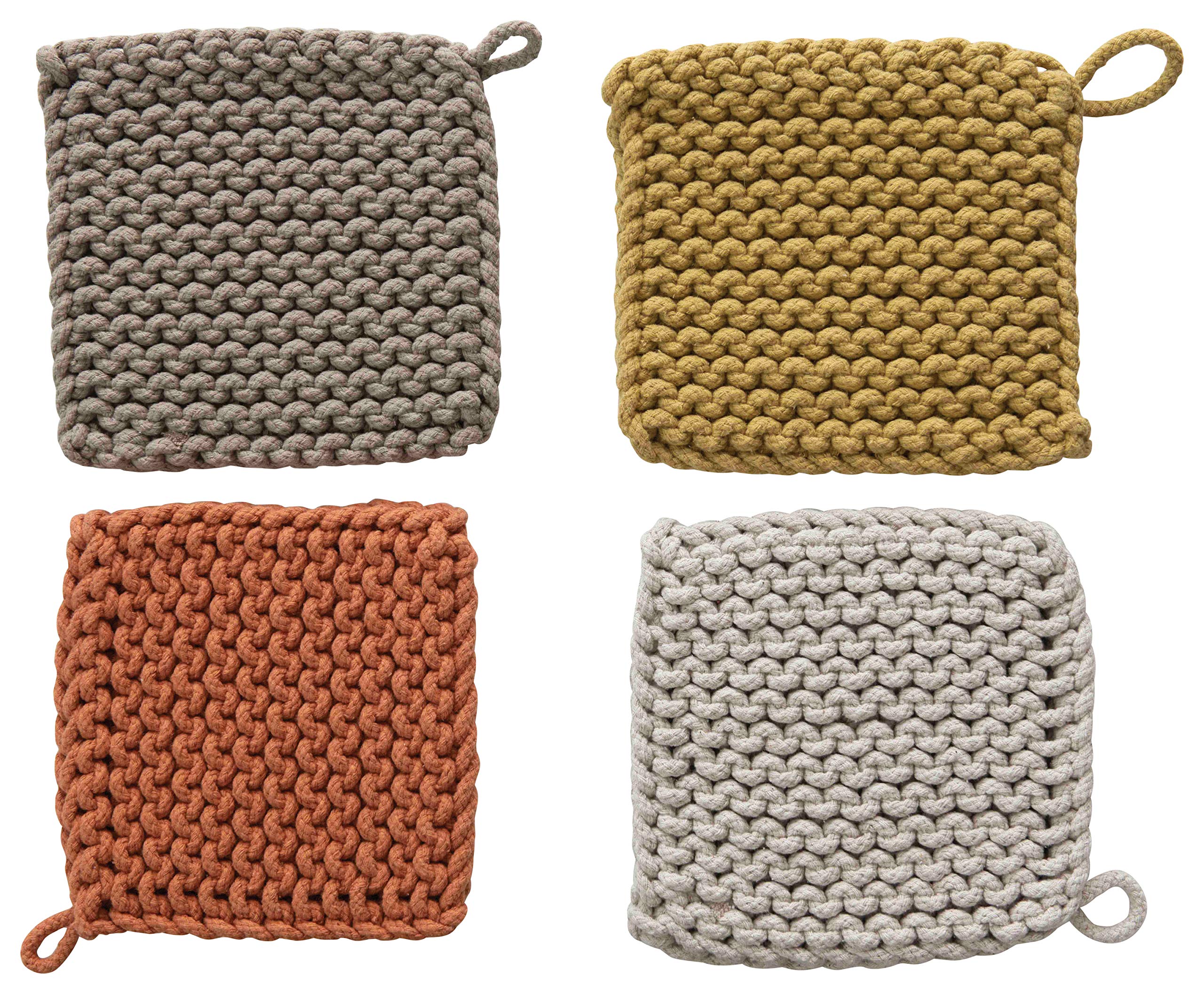 Creative Co-Op Square Cotton Crocheted Potholders/Hot Pads (Set of 4 Colors) Pot Holders, Multicolor, 4 Count