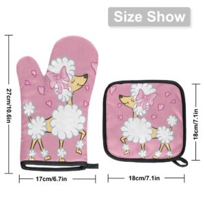 Oven Mitts and Pot Holders Sets of 2, Cute Poodle Puppy Heat Resistant Non-Slip Oven Gloves Hot Pads for Microwave Cooking Baking Grilling BBQ Decorative Kitchen Gift