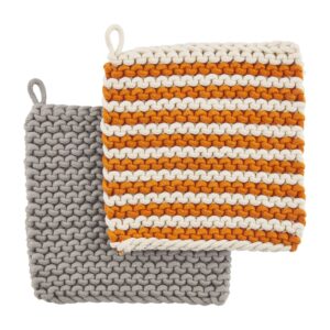 Mud Pie Crochet Pot Holder Set, Orange 8" x 8"