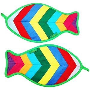 Pot Holders for Kitchen, 2pcs Fabric Patchwork Mats 100% Cotton Heat Resistant Hot Pads with Hanging Loop for BBQ/Cooking/Baking/Grilling/Microwave/Barbecue (Fish Green)