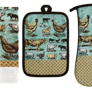 Oven Mitt and Potholder Kitchen Set | 3 Piece Vintage Farm Animals Kitchen Accessory | Perfect for Home and Professional Use | Hands Protection Waterproof Oven Glove, Potholder and Tea Towel