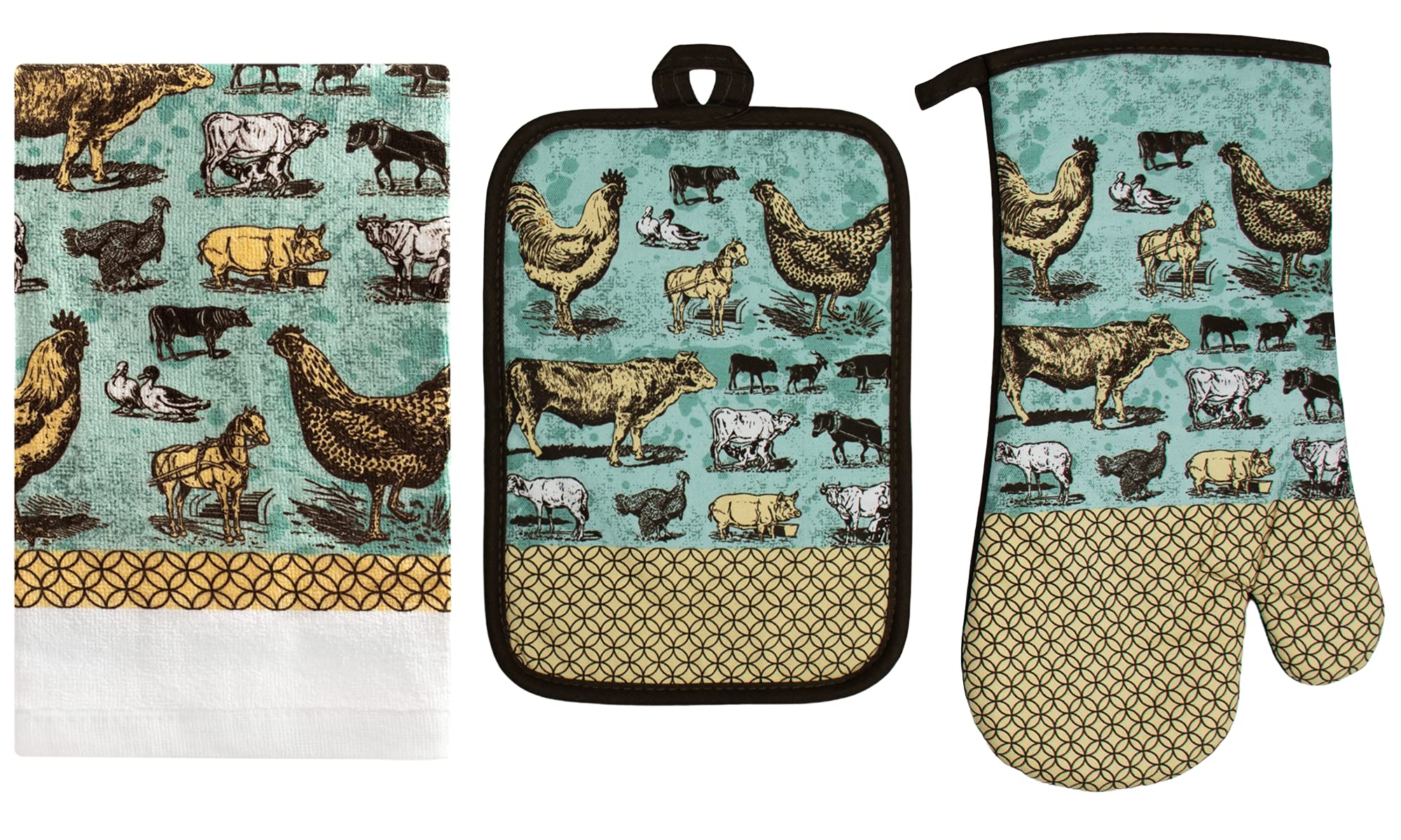 Oven Mitt and Potholder Kitchen Set | 3 Piece Vintage Farm Animals Kitchen Accessory | Perfect for Home and Professional Use | Hands Protection Waterproof Oven Glove, Potholder and Tea Towel