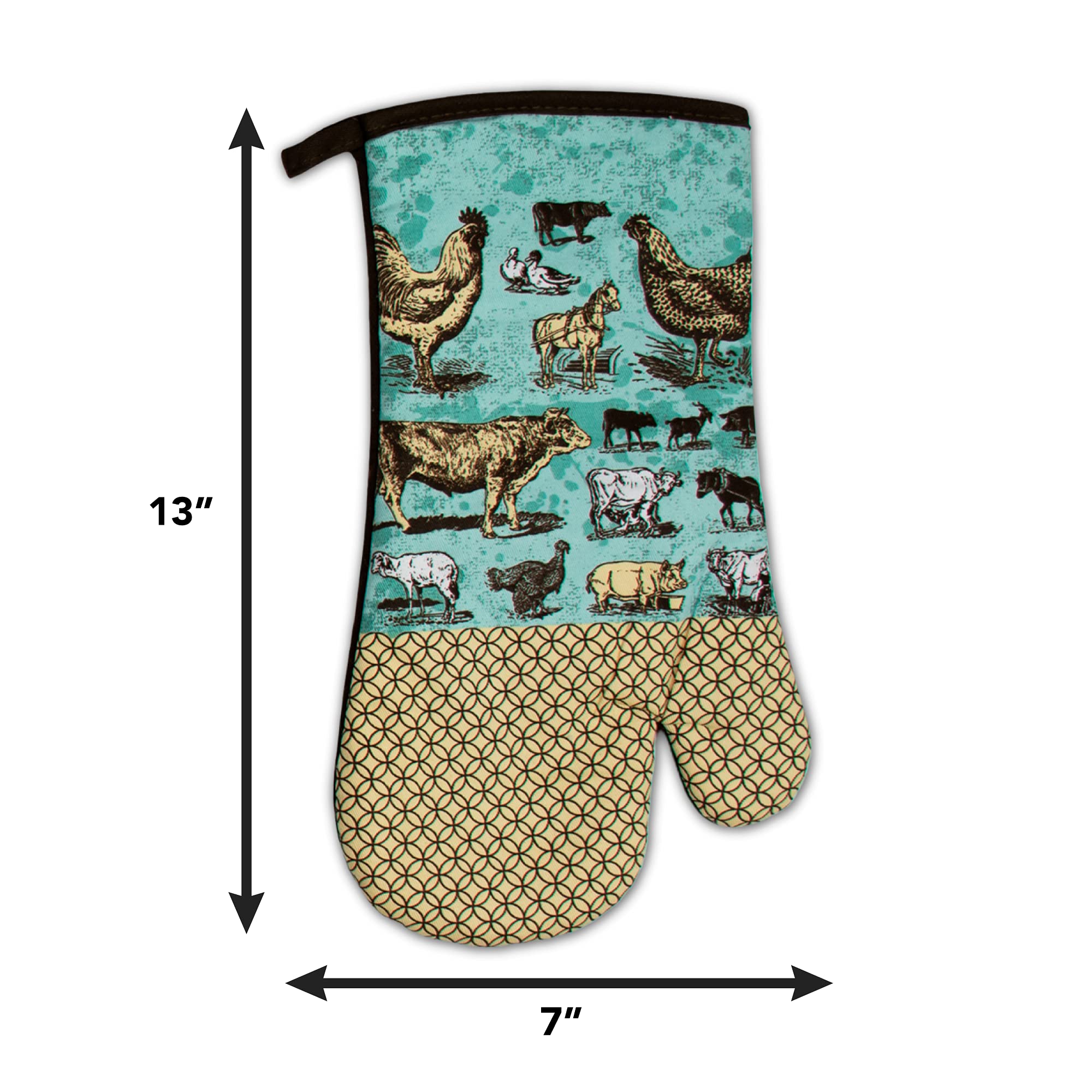 Oven Mitt and Potholder Kitchen Set | 3 Piece Vintage Farm Animals Kitchen Accessory | Perfect for Home and Professional Use | Hands Protection Waterproof Oven Glove, Potholder and Tea Towel