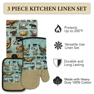 Oven Mitt and Potholder Kitchen Set | 3 Piece Vintage Farm Animals Kitchen Accessory | Perfect for Home and Professional Use | Hands Protection Waterproof Oven Glove, Potholder and Tea Towel