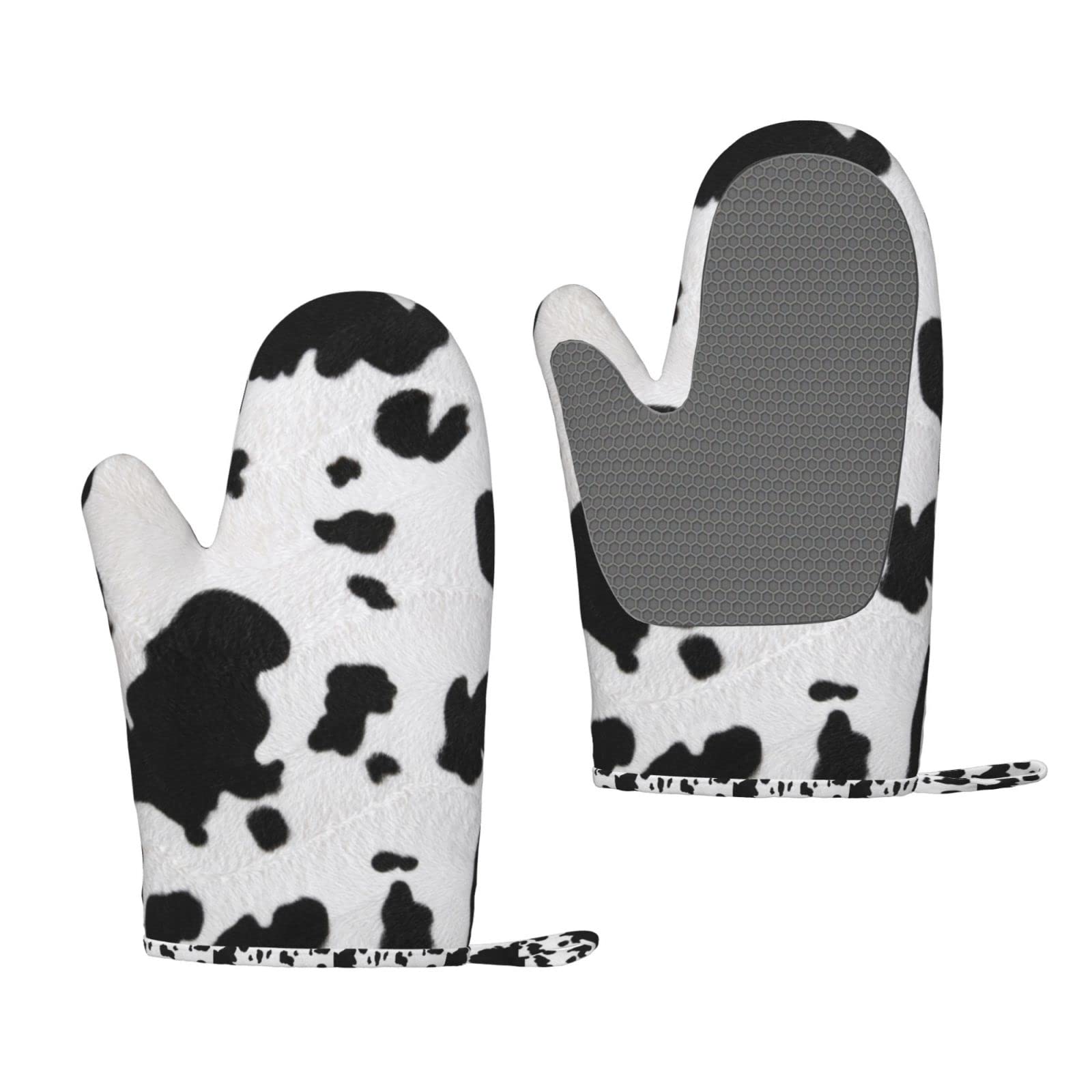 Pattern of Dairy Cow Skin Heat and Slip Resistant Silicone Oven Mitts, Soft Cotton Lining, Waterproof, Long Flexible Thick Gloves for Cooking