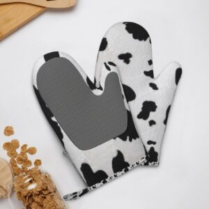 Pattern of Dairy Cow Skin Heat and Slip Resistant Silicone Oven Mitts, Soft Cotton Lining, Waterproof, Long Flexible Thick Gloves for Cooking