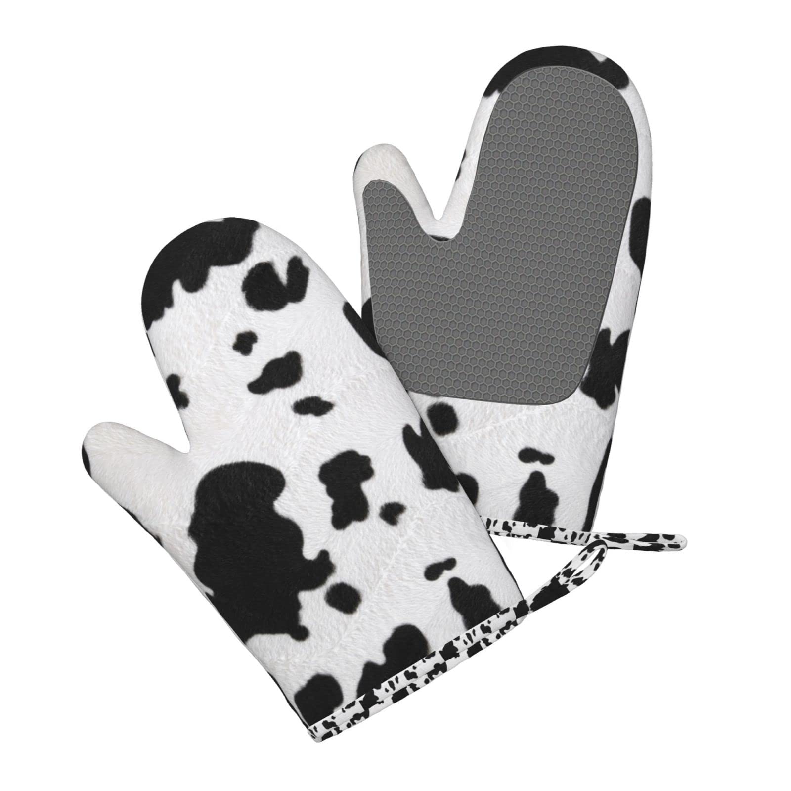 Pattern of Dairy Cow Skin Heat and Slip Resistant Silicone Oven Mitts, Soft Cotton Lining, Waterproof, Long Flexible Thick Gloves for Cooking