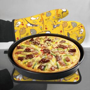 Oven Mitts Pot Holders Set of 2 Heat Resistant Kitchen Cute Cartoon Rats Yellow Mouse Teeth Pattern Oven Mitts Waterproof Women Men Home Cooking Baking Microwave BBQ Gift