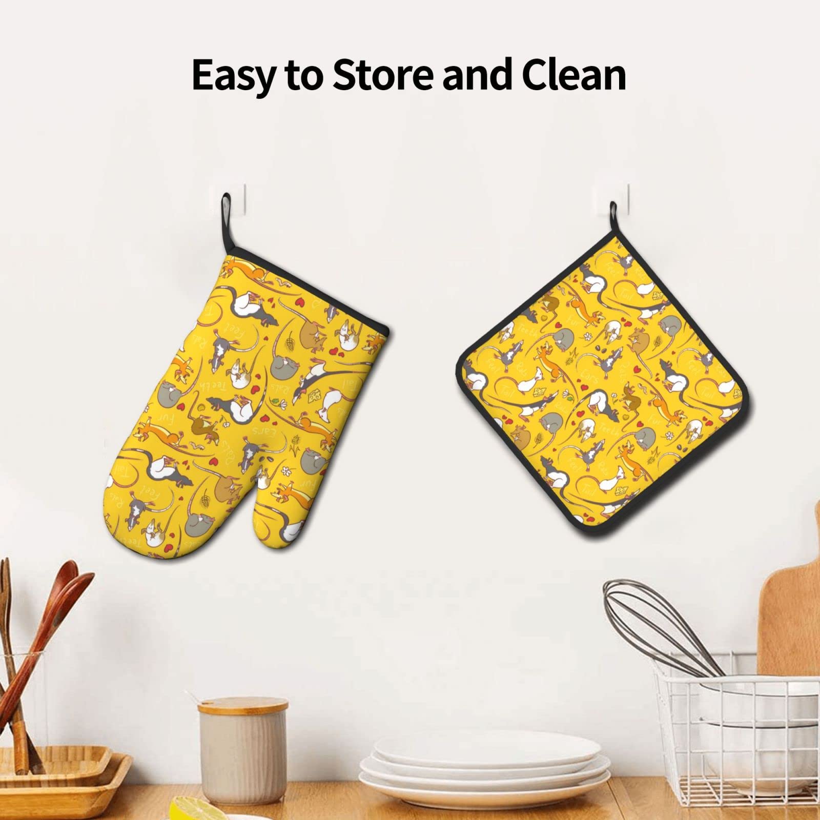 Oven Mitts Pot Holders Set of 2 Heat Resistant Kitchen Cute Cartoon Rats Yellow Mouse Teeth Pattern Oven Mitts Waterproof Women Men Home Cooking Baking Microwave BBQ Gift