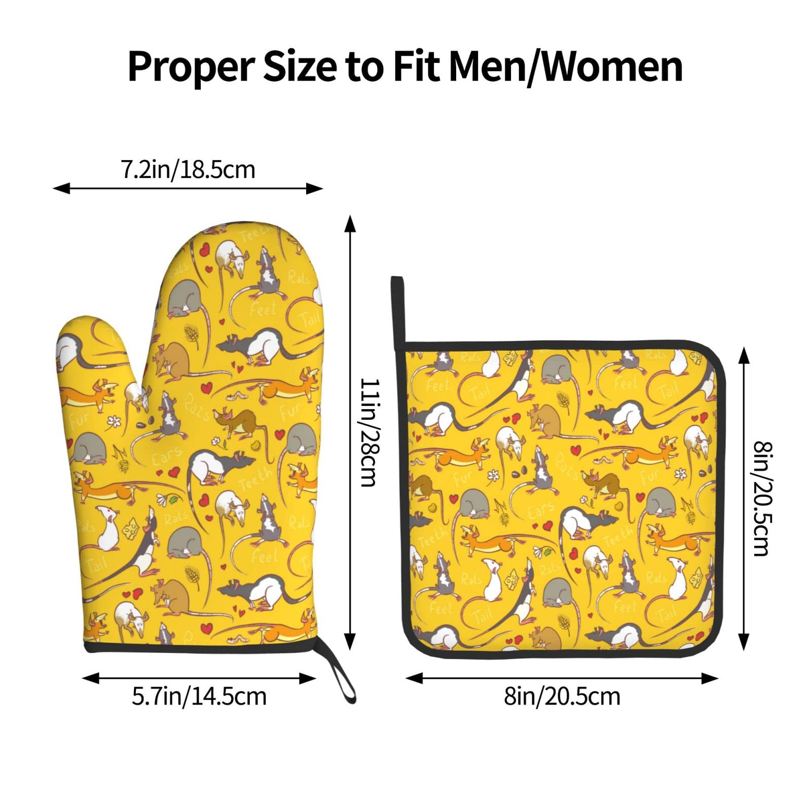 Oven Mitts Pot Holders Set of 2 Heat Resistant Kitchen Cute Cartoon Rats Yellow Mouse Teeth Pattern Oven Mitts Waterproof Women Men Home Cooking Baking Microwave BBQ Gift