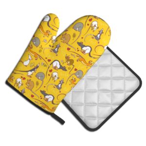 Oven Mitts Pot Holders Set of 2 Heat Resistant Kitchen Cute Cartoon Rats Yellow Mouse Teeth Pattern Oven Mitts Waterproof Women Men Home Cooking Baking Microwave BBQ Gift