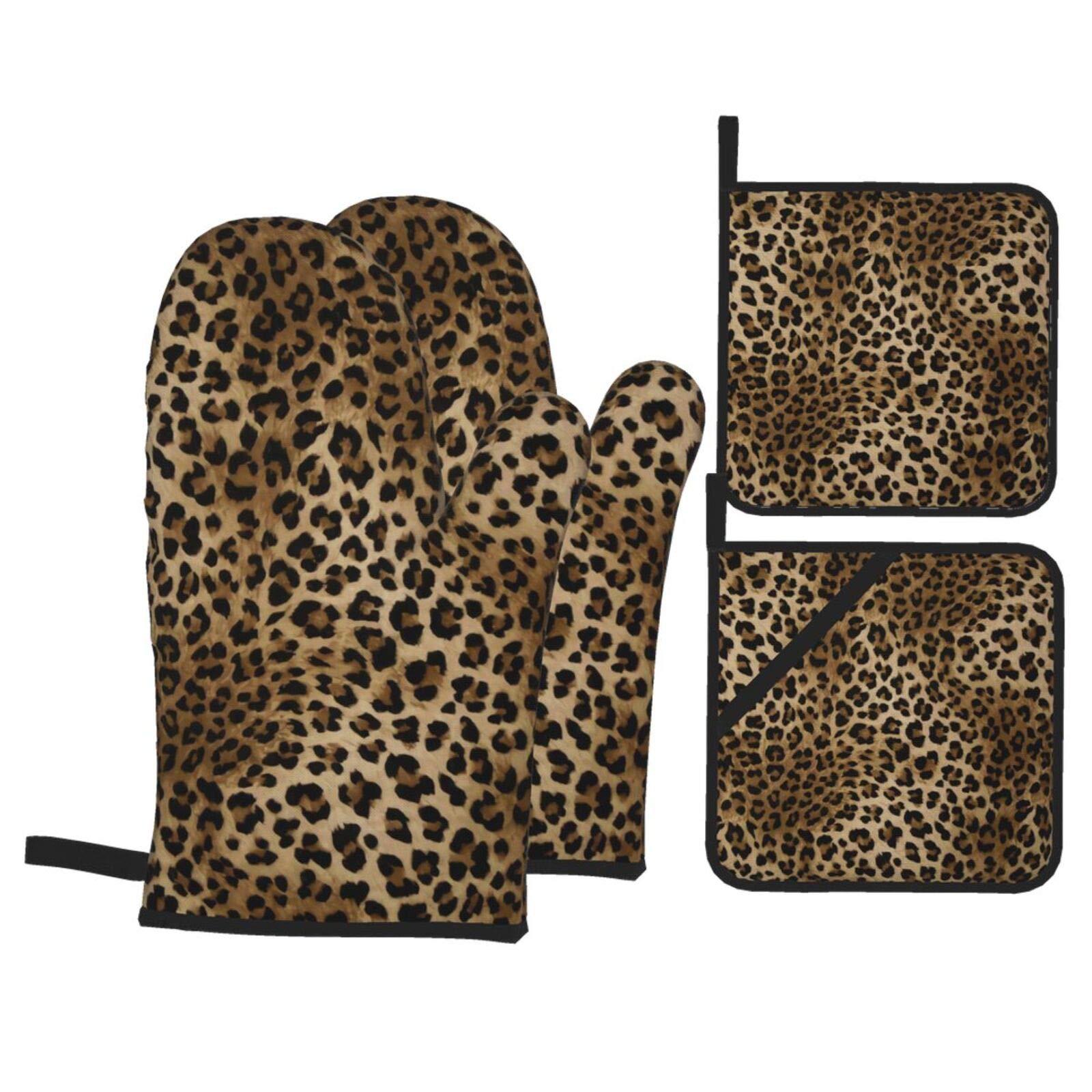 Leopard Print Oven Mitts and 2 Pot Holders Set, Soft Cotton Lining with Non-Slip Surface, Kitchen Microwave Gloves for Baking Cooking Grilling BBQ