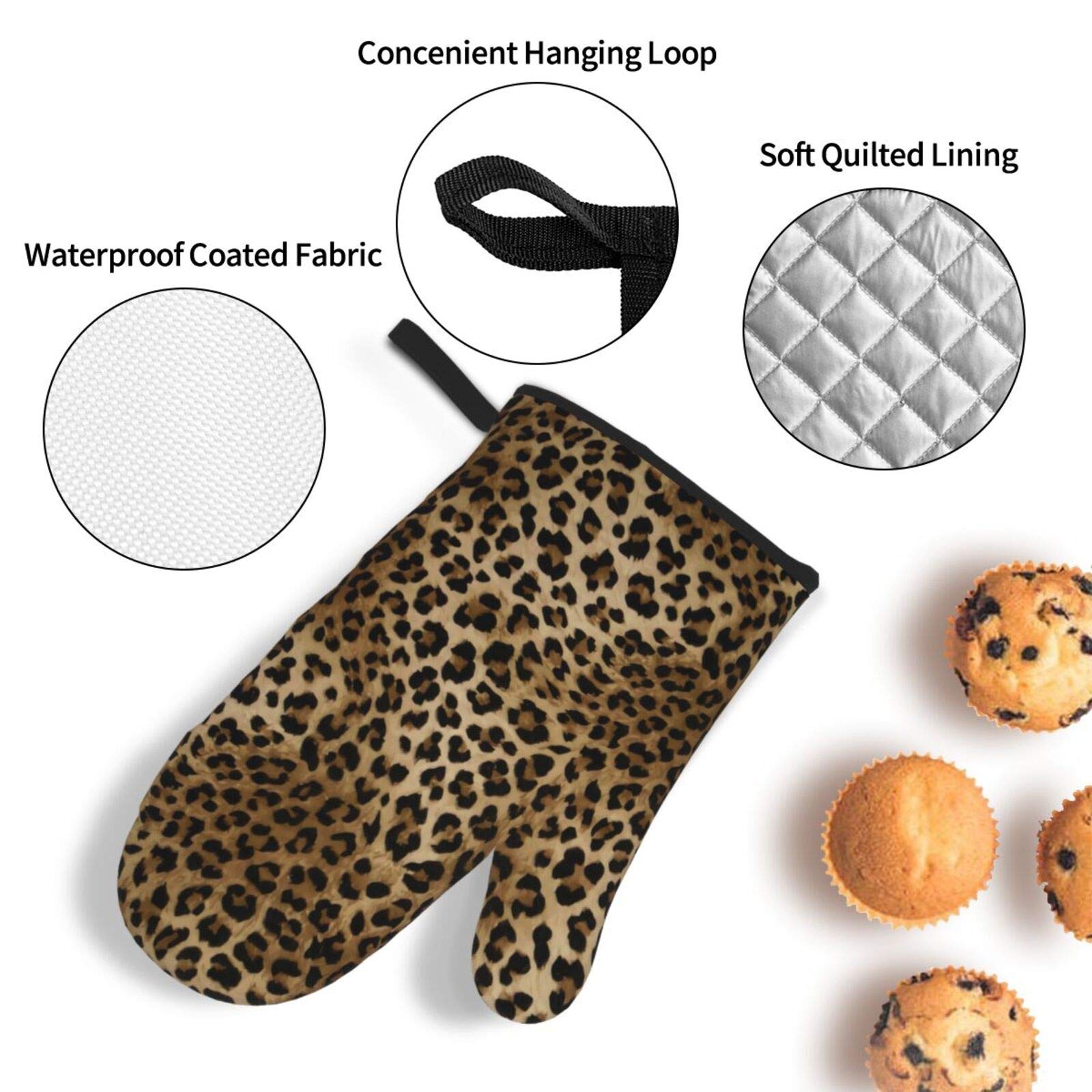 Leopard Print Oven Mitts and 2 Pot Holders Set, Soft Cotton Lining with Non-Slip Surface, Kitchen Microwave Gloves for Baking Cooking Grilling BBQ