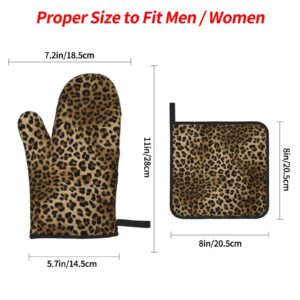 Leopard Print Oven Mitts and 2 Pot Holders Set, Soft Cotton Lining with Non-Slip Surface, Kitchen Microwave Gloves for Baking Cooking Grilling BBQ