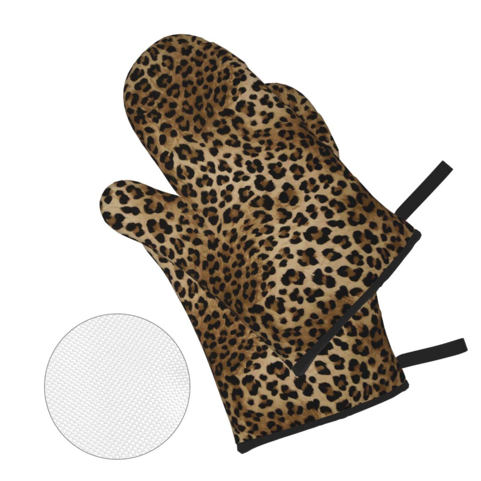 Leopard Print Oven Mitts and 2 Pot Holders Set, Soft Cotton Lining with Non-Slip Surface, Kitchen Microwave Gloves for Baking Cooking Grilling BBQ