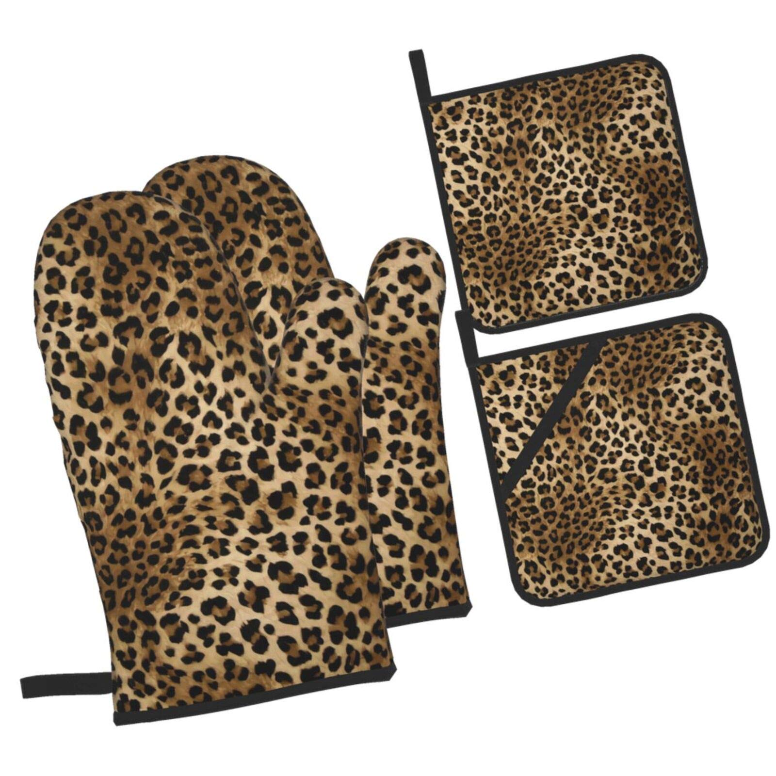 Leopard Print Oven Mitts and 2 Pot Holders Set, Soft Cotton Lining with Non-Slip Surface, Kitchen Microwave Gloves for Baking Cooking Grilling BBQ