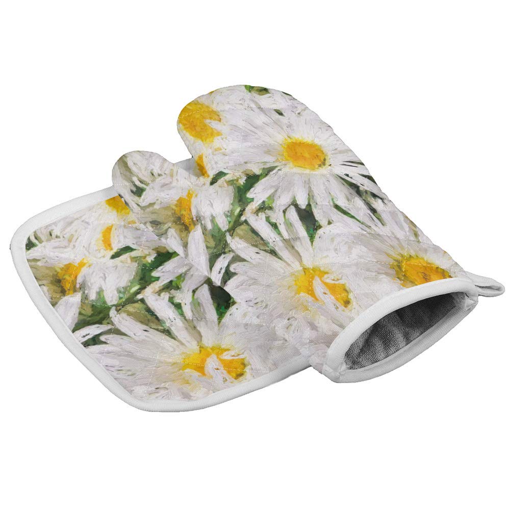 Set of Oven Mitt and Pot Holder, Spring Daisy Flower Kitchen Mittens Heat Resistance Non-Slip Surface for Kitchen BBQ Cooking Baking Grilling, White Yellow