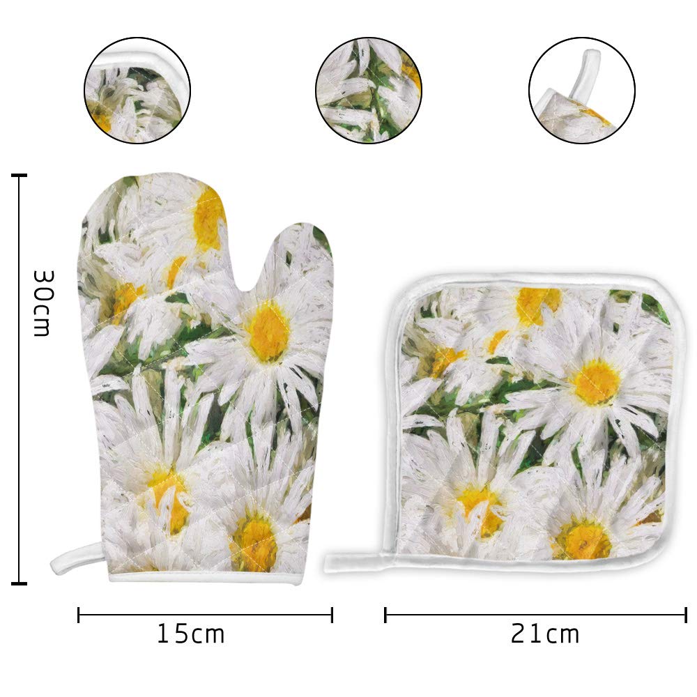 Set of Oven Mitt and Pot Holder, Spring Daisy Flower Kitchen Mittens Heat Resistance Non-Slip Surface for Kitchen BBQ Cooking Baking Grilling, White Yellow