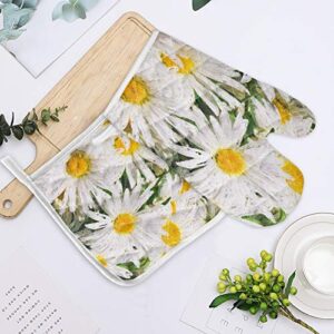 Set of Oven Mitt and Pot Holder, Spring Daisy Flower Kitchen Mittens Heat Resistance Non-Slip Surface for Kitchen BBQ Cooking Baking Grilling, White Yellow