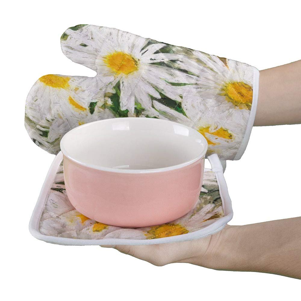 Set of Oven Mitt and Pot Holder, Spring Daisy Flower Kitchen Mittens Heat Resistance Non-Slip Surface for Kitchen BBQ Cooking Baking Grilling, White Yellow