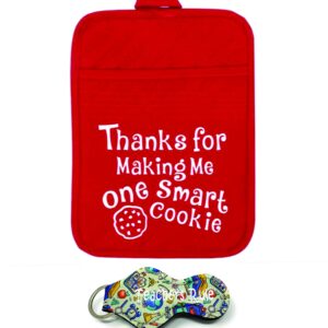 Teacher Appreciation Gift for Women - Thank You Present Potholder - One Smart Cookie Oven Mitt - Set of 2 (One Smart Cookie w/Keychain)