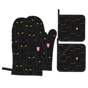 black cat oven mitts and pot holders sets, non-slip heat resistant gloves potholders pot pads for kitchen cooking baking grilling bbq(4-piece set)