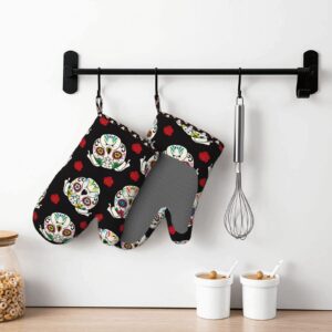 Oven Mitts Heat Resistant Silicone and Polyester Pug Sugar Skull Print Kitchen Mitts Thick Oven Gloves for Cooking, BBQ, Baking, Grill, Pizza Pair