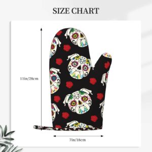 Oven Mitts Heat Resistant Silicone and Polyester Pug Sugar Skull Print Kitchen Mitts Thick Oven Gloves for Cooking, BBQ, Baking, Grill, Pizza Pair