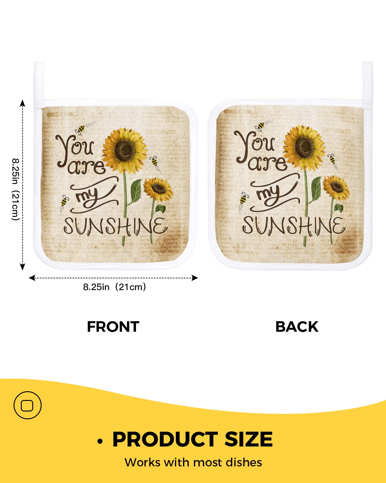 Pot Holder Set of 2 Sunflower Sunshine Bee Potholder Heat Proof Non-Slip Pot Holders,Yellow Flower on Retro Newspaper Hot Pads Potholders for Kitchen Cooking Baking BBQ