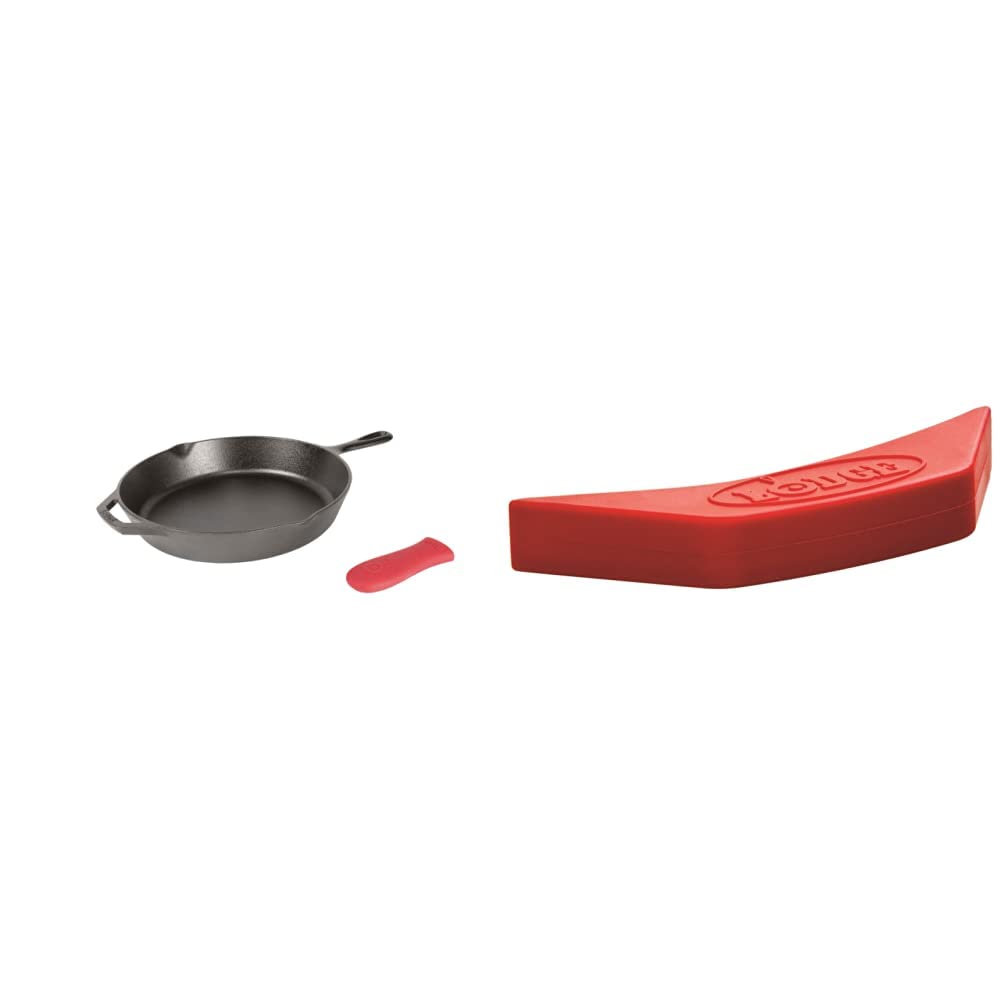 Lodge Cast Iron Skillet with Red Silicone Hot Handle Holder, 12-inch & ASAHH41 Silicone Assist Handle Holder, Red, 5.5" x 2"