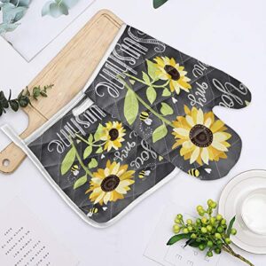 Set of Oven Mitt and Pot Holder, Sunflowers Bees Chalkboard Art Oven Gloves Heat Resistance Non-Slip Surface for Kitchen BBQ Cooking Baking Grilling, You are My Sunshine Quotes