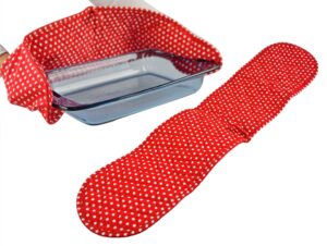 home-x red polk dot double oven mitt for cooking and serving, heat resistant, extra long potholder, oven gloves to protect hands and arms, machine washable -32”l