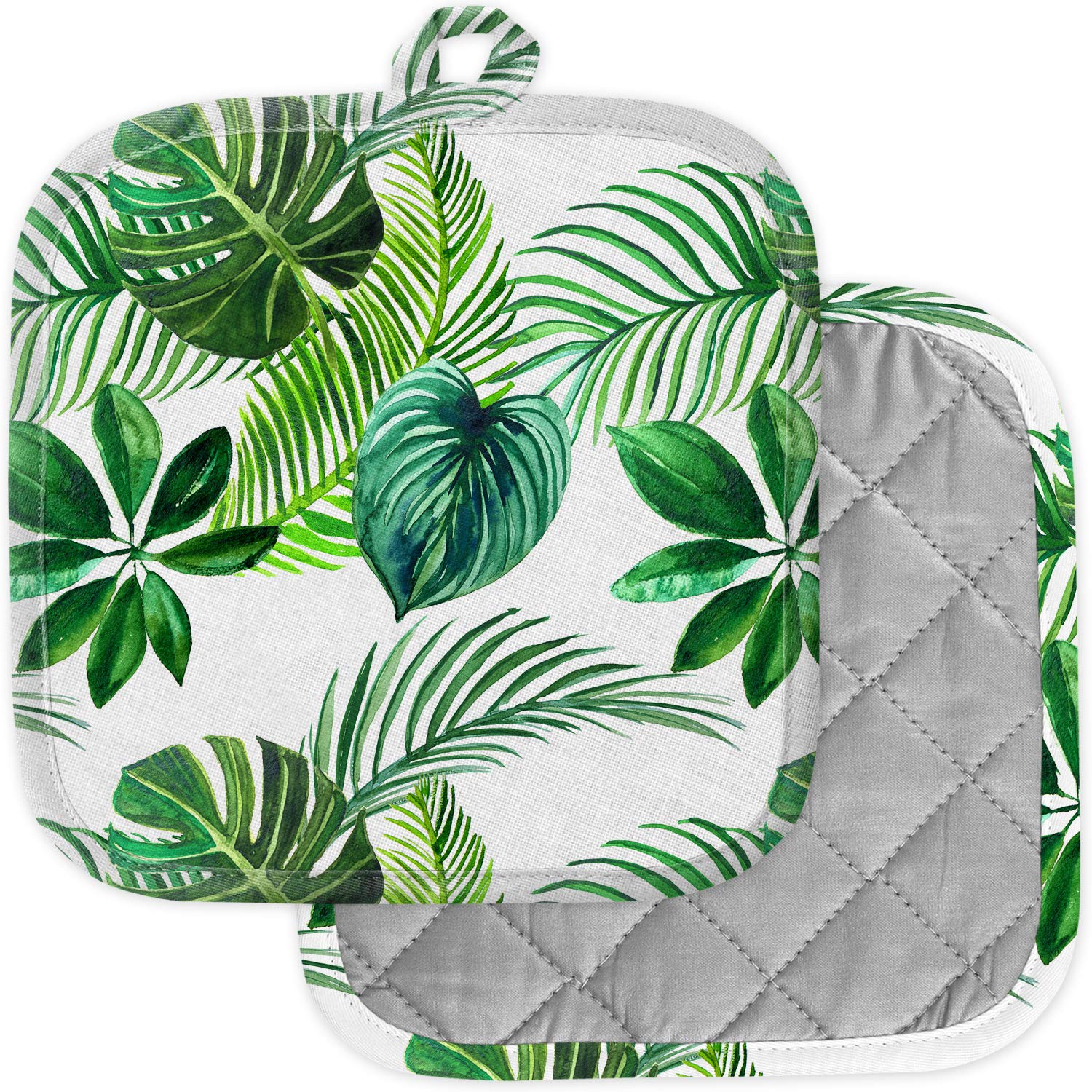 [Pack of 2] Pot Holders for Kitchen, Washable Heat Resistant Pot Holders, Hot Pads, Trivet for Cooking and Baking ( Green Tropical Palm )