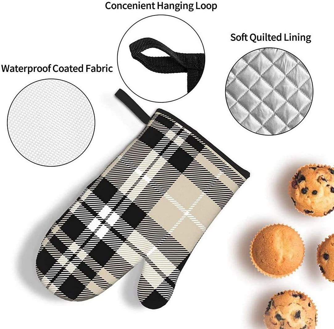 JKKL Fall Plaid Tan Black White Pattern，3pcs Oven Mitts and Pot Holders for Kitchen,Cooking,Baking,Grilling,BBQ