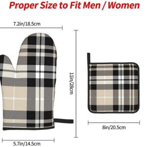 JKKL Fall Plaid Tan Black White Pattern，3pcs Oven Mitts and Pot Holders for Kitchen,Cooking,Baking,Grilling,BBQ