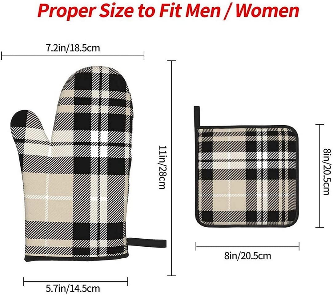 JKKL Fall Plaid Tan Black White Pattern，3pcs Oven Mitts and Pot Holders for Kitchen,Cooking,Baking,Grilling,BBQ