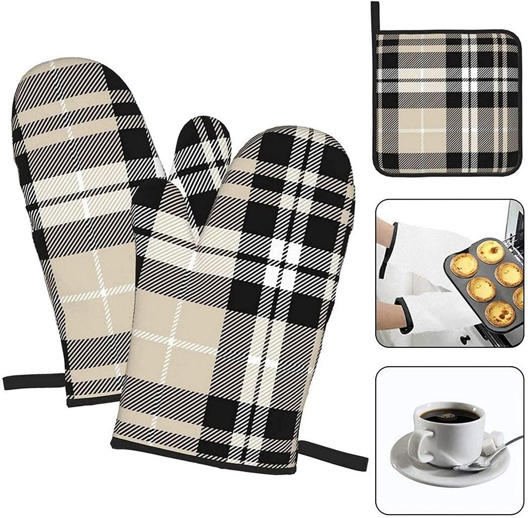 JKKL Fall Plaid Tan Black White Pattern，3pcs Oven Mitts and Pot Holders for Kitchen,Cooking,Baking,Grilling,BBQ