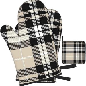 JKKL Fall Plaid Tan Black White Pattern，3pcs Oven Mitts and Pot Holders for Kitchen,Cooking,Baking,Grilling,BBQ