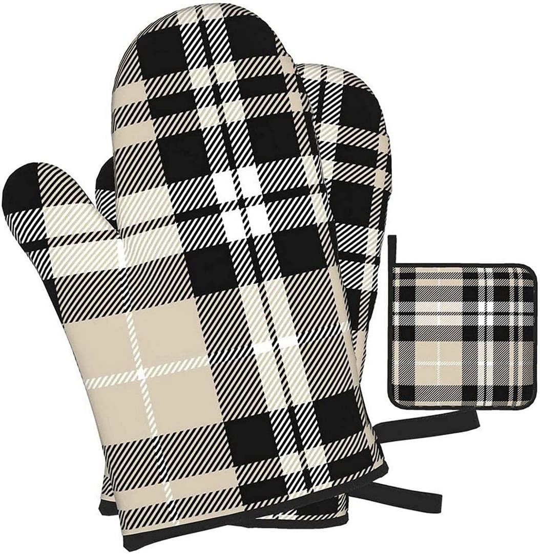 JKKL Fall Plaid Tan Black White Pattern，3pcs Oven Mitts and Pot Holders for Kitchen,Cooking,Baking,Grilling,BBQ