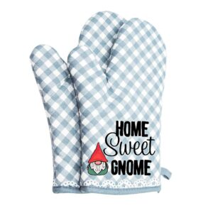 Oven mitts cute pair Home sweet Gnome funny kitchen Potholders BBQ Gloves cooking baking grilling non slip cotton BLUE