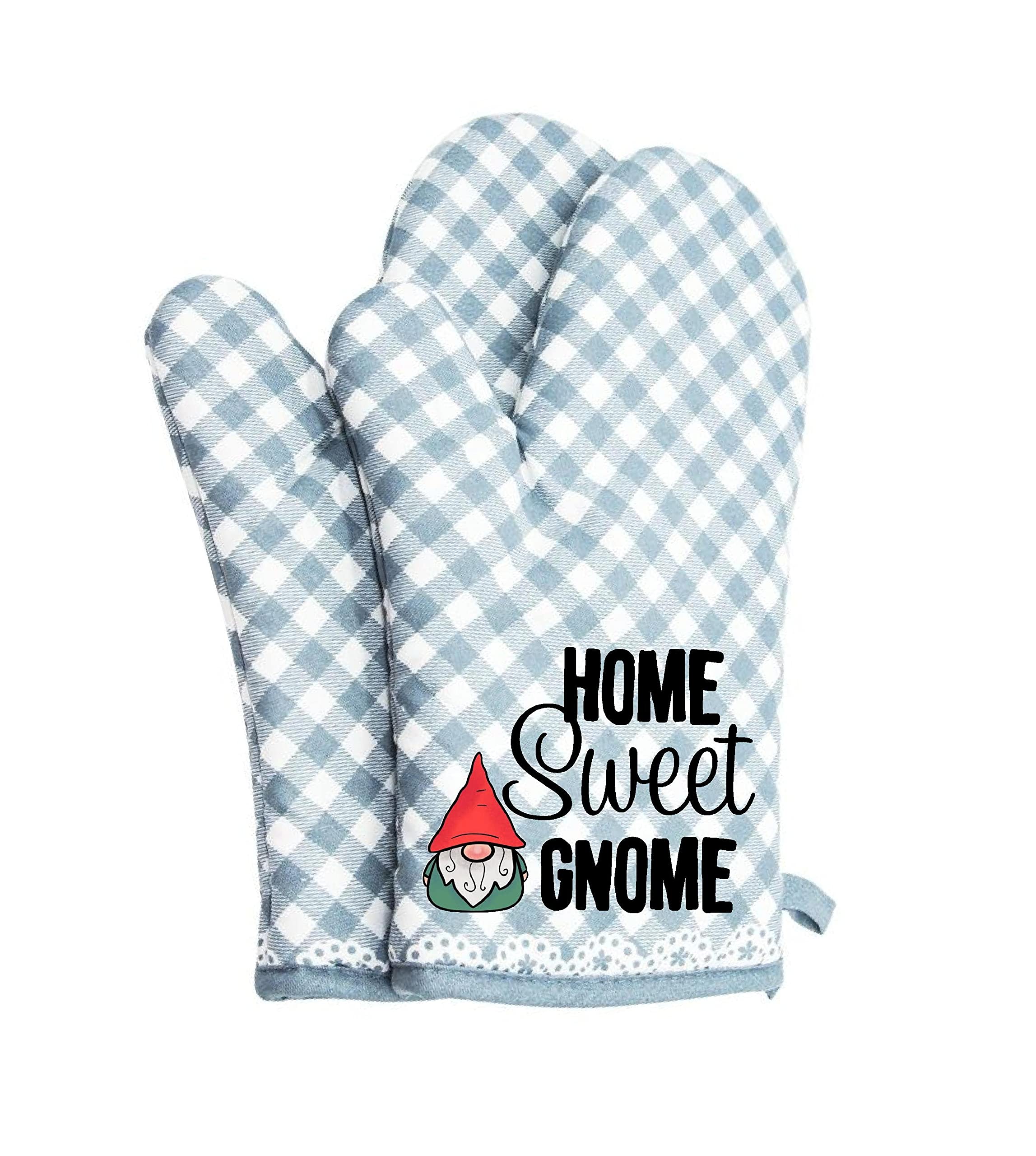 Oven mitts cute pair Home sweet Gnome funny kitchen Potholders BBQ Gloves cooking baking grilling non slip cotton BLUE