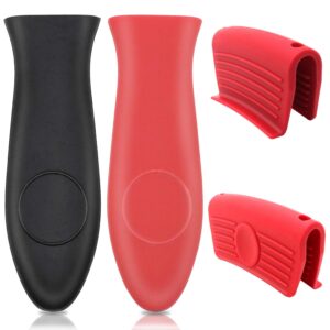 aywfey 4 pieces silicone hot handle holder, non slip pot handle covers sleeve heat resistant cast iron handle cover cookware handle, for cast iron skillet pan (black, red)