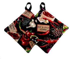 potholder set in a lobster and shrimp cajun fabric print by sewuseful studios