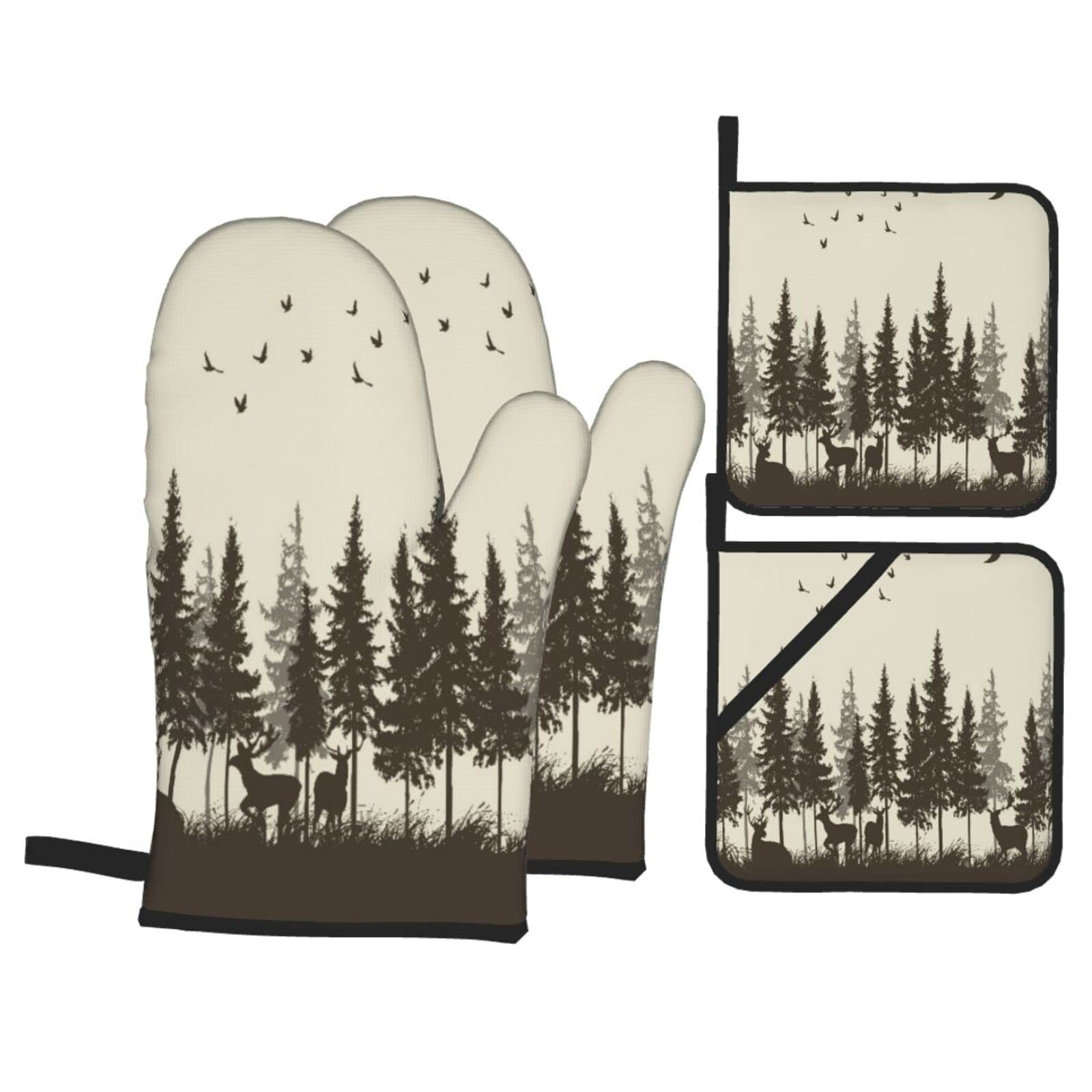 Oven Mitts and Pot Holders Sets of 4,Deer in The Forest Cabin Fog Bird Mountain Hunting Theme Yellow and Coffee Country Moose,Oven Mitts Heat Resistant Oven Gloves Set Potholders for Kitchen