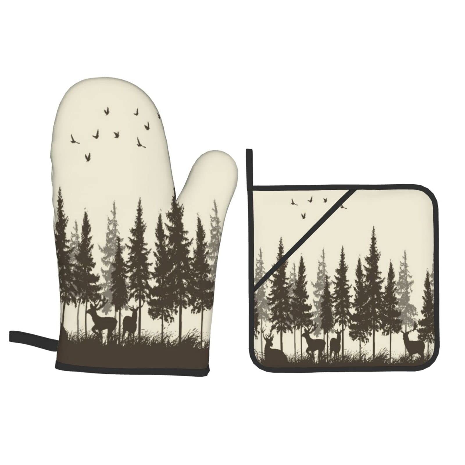 Oven Mitts and Pot Holders Sets of 4,Deer in The Forest Cabin Fog Bird Mountain Hunting Theme Yellow and Coffee Country Moose,Oven Mitts Heat Resistant Oven Gloves Set Potholders for Kitchen