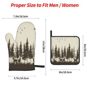 Oven Mitts and Pot Holders Sets of 4,Deer in The Forest Cabin Fog Bird Mountain Hunting Theme Yellow and Coffee Country Moose,Oven Mitts Heat Resistant Oven Gloves Set Potholders for Kitchen