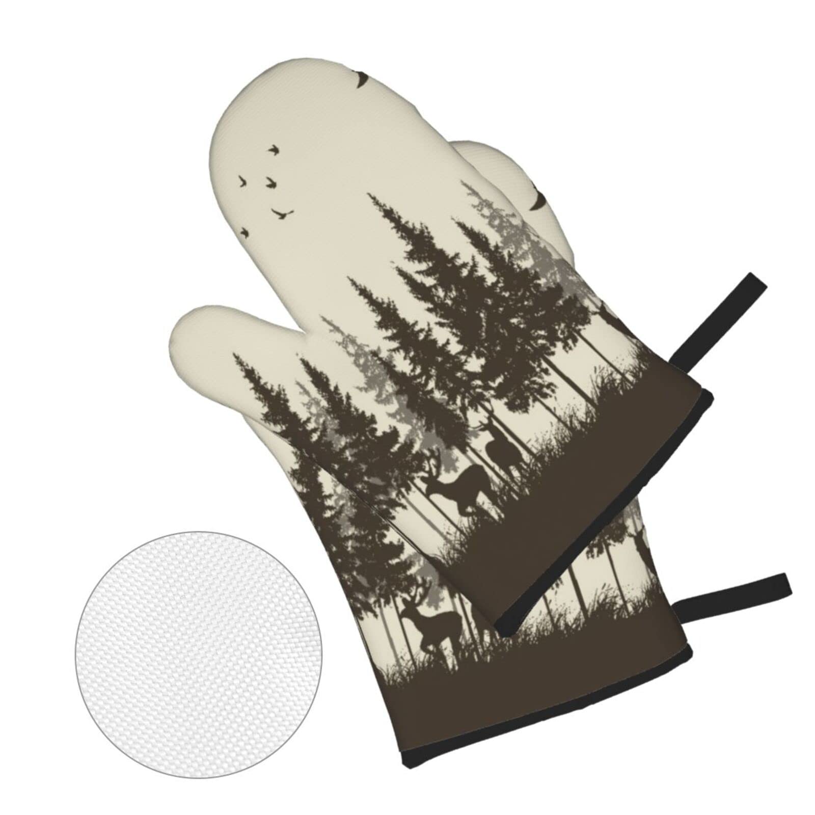 Oven Mitts and Pot Holders Sets of 4,Deer in The Forest Cabin Fog Bird Mountain Hunting Theme Yellow and Coffee Country Moose,Oven Mitts Heat Resistant Oven Gloves Set Potholders for Kitchen